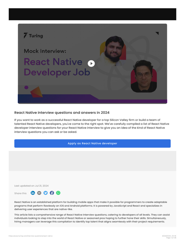Top 100 React Native Interview Questions and Answers | PDF | Mobile App | Java Script