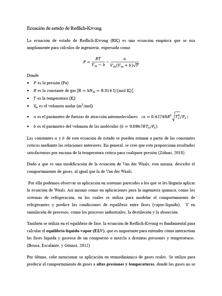Ecuación de Estado de Redlich-Kwong | PDF | Gases | Ciencia y matemáticas