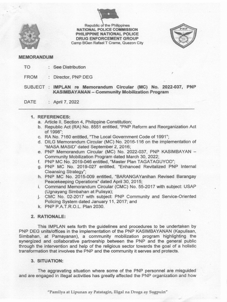 IMPLAN Re Memorandum Circular (MC) No. 2022-037, PNP KASIMBAYAN ...