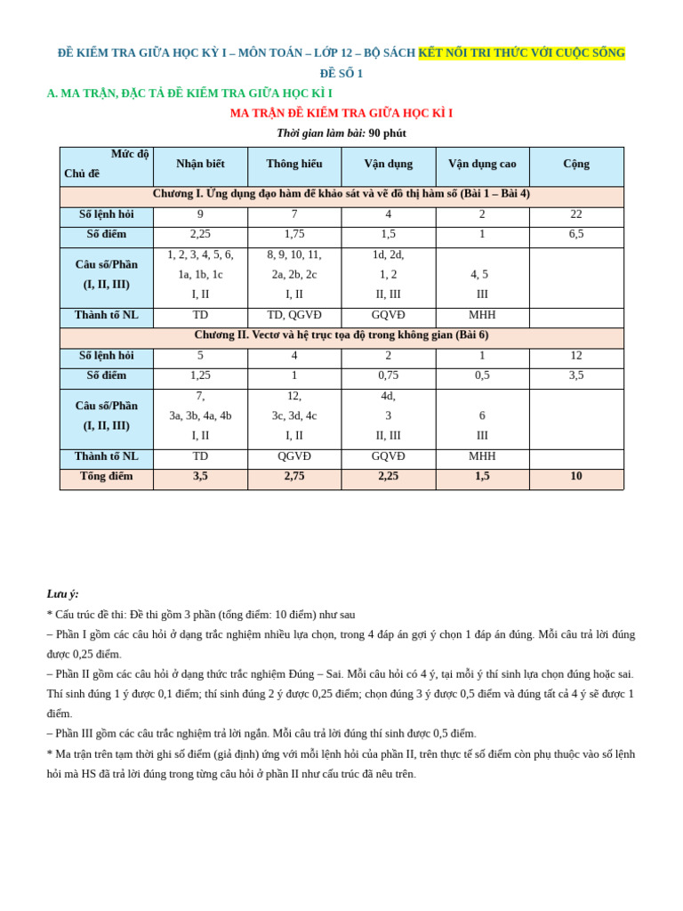 1. Đề kiểm tra số 1 - Toán 12 - Giữa HK1 - KNTT (CT2025) | PDF