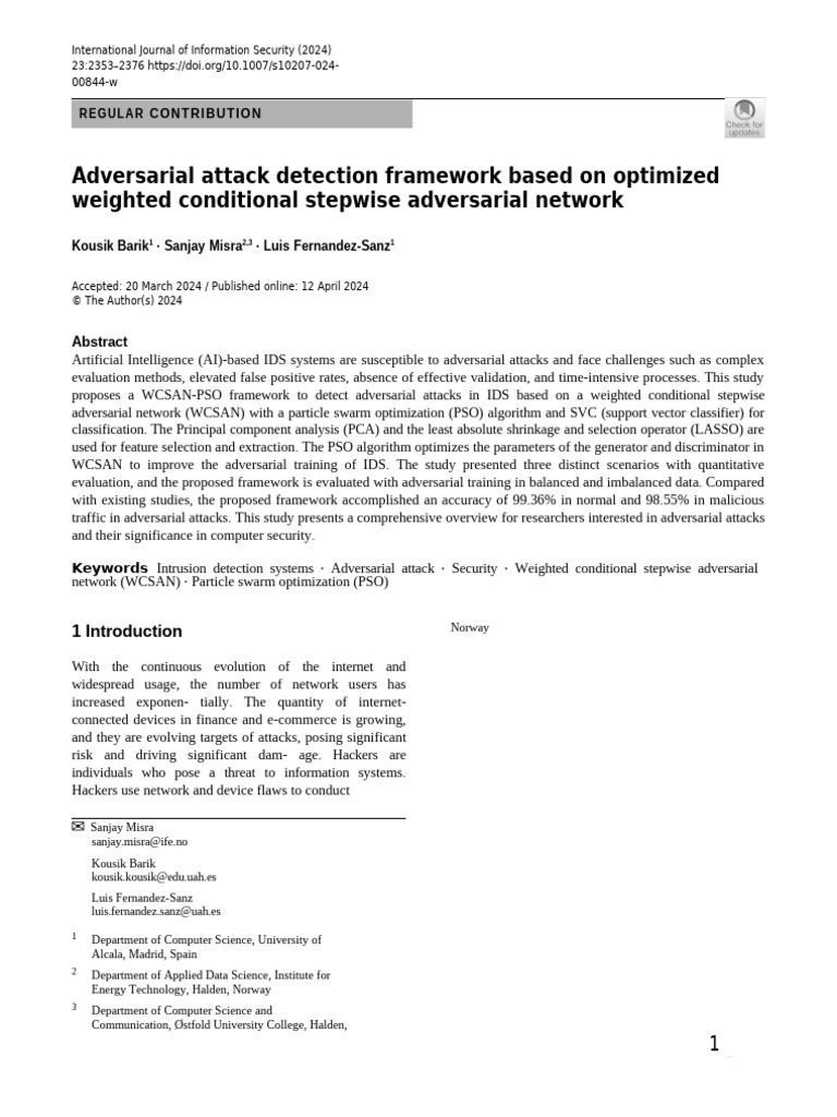 Adversarial Attack Detection Framework Based On Optimized Weighted Conditional Stepwise ...