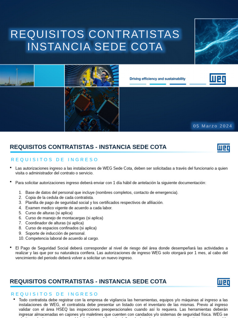 Requisitos Contratistas Ingreso Instalaciones Cota | PDF