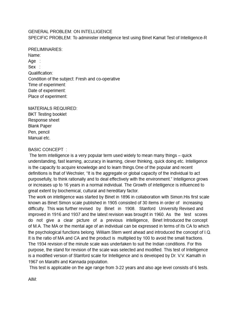 Binet Kamat Test of Intelligence | PDF