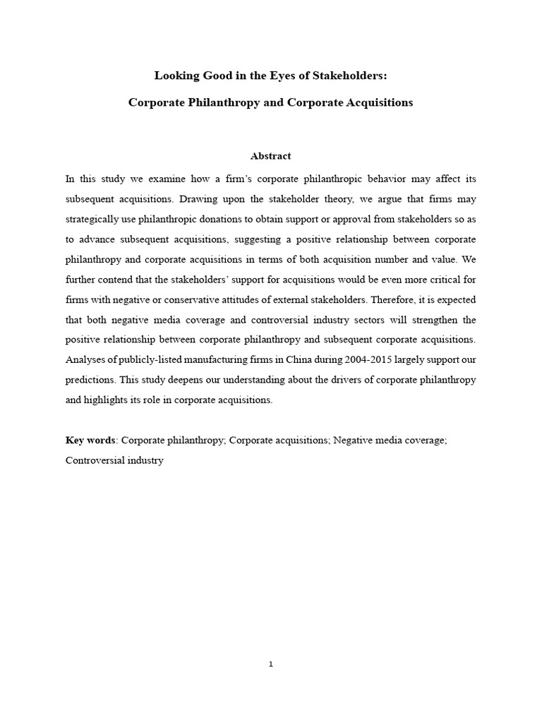 Corporate Philanthropy and Corporate Acquisition | PDF