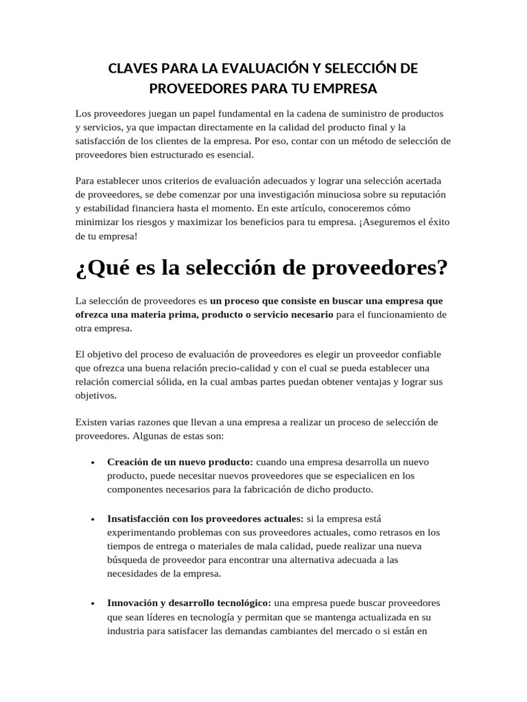 SELECCION DE PROVEEDORES | PDF SELECCION DE PROVEEDORES | PDF
