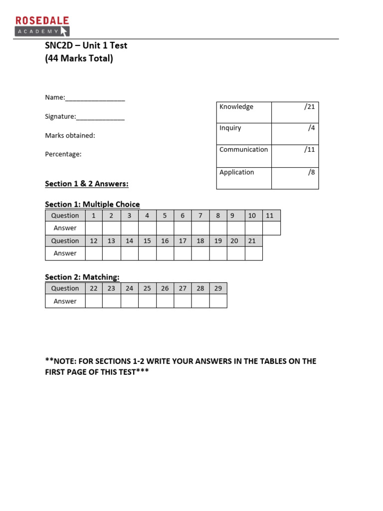 SNC2D Unit 1 Test - 2019 | PDF | Mitosis | Chromosome