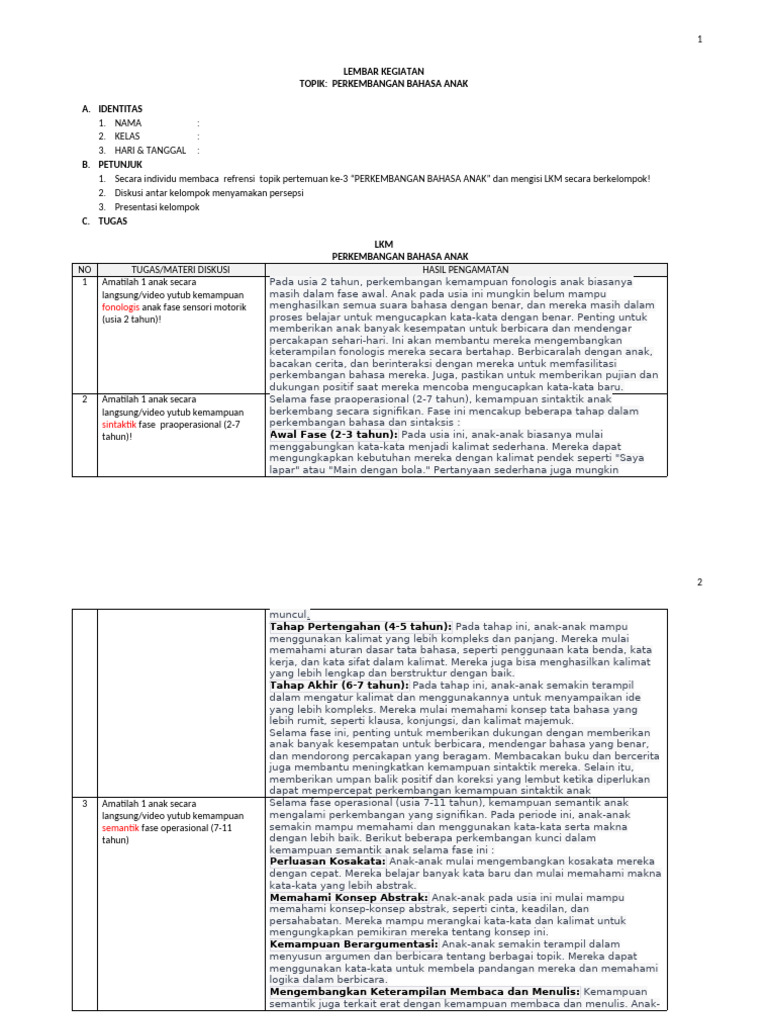 LKM 3 Perkembangan Bahasa Anak (2023) | PDF