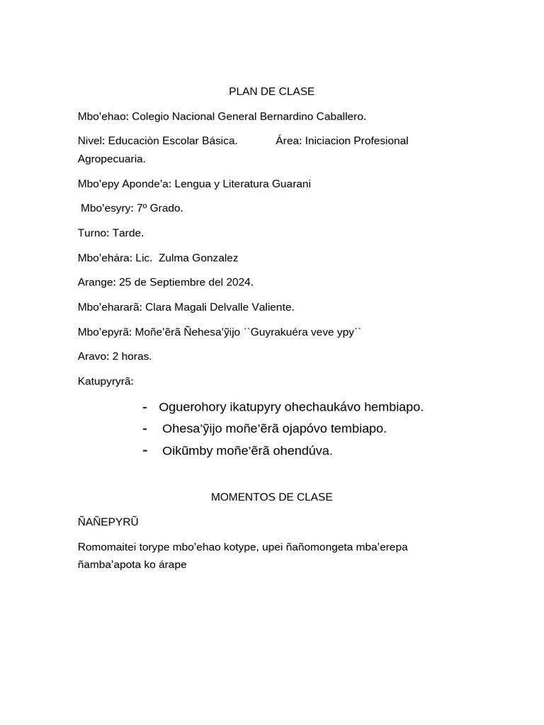 PLAN DE CLASE 7mo Guarani | PDF
