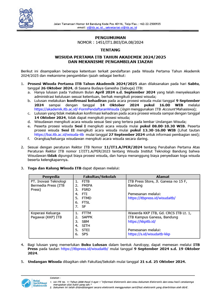 Wisuda Pertama Itb Tahun Akademik 2024 - 2025 Dan Mekanisme Pengambilan Ijazah | PDF