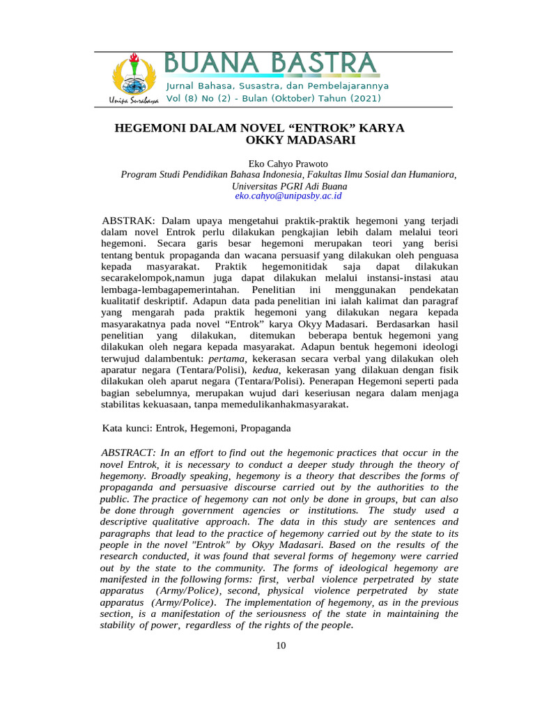 Hegemoni Dalam Novel "Entrok" Karya Okky Madasari | PDF