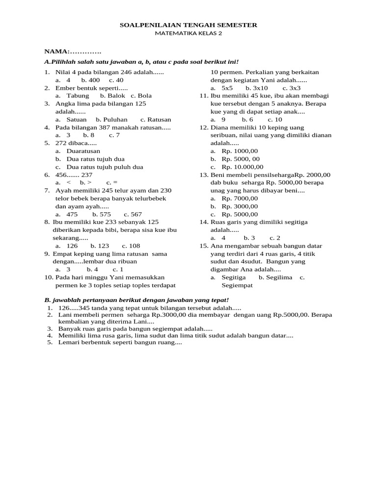 Soal MTK Uts Kelas 2 | PDF