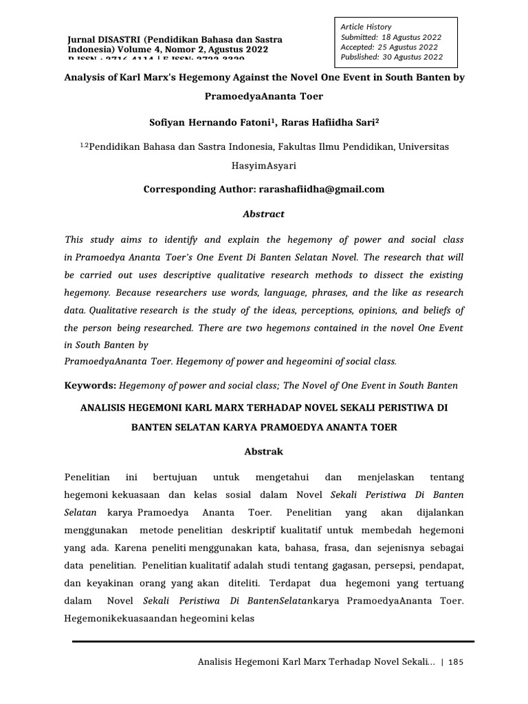 Jurnal DISASTRI (Pendidikan Bahasa Dan Sastra Indonesia) Volume 4, Nomor 2, Agustus 2022 P-ISSN ...