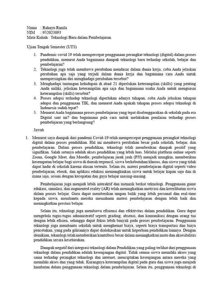 UTS - Teknologi Baru Dalam Pembelajaran - 952023093 | PDF