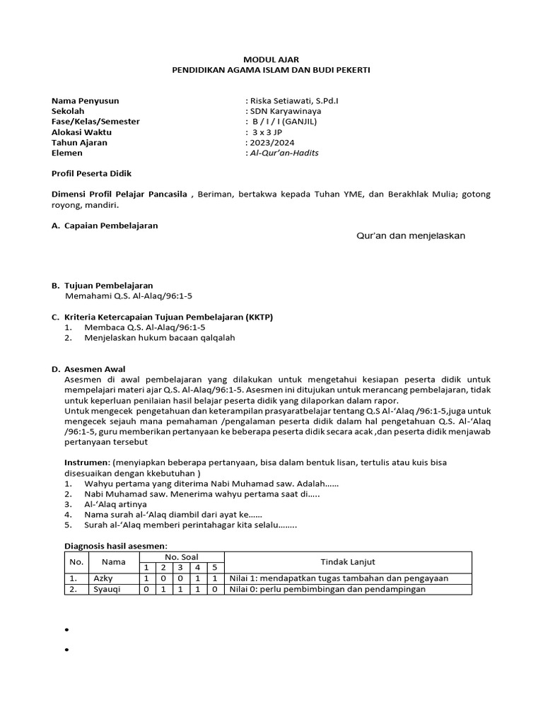 Modul Ajar Fase A Kls 1 SMT 1 Alquran-Riska | PDF