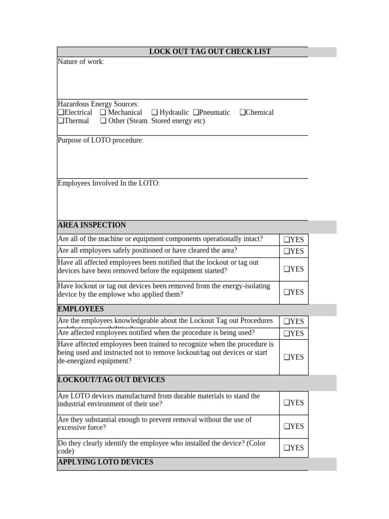 LOTO Checksheet | PDF