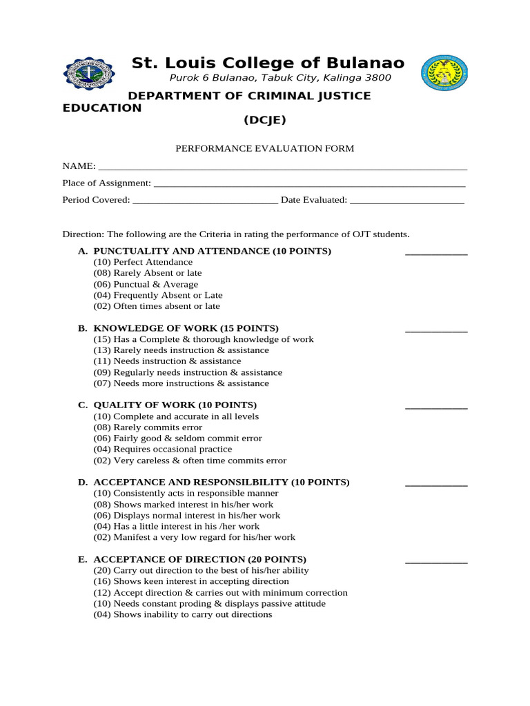PERFORMANCE EVALUATION FORM-ojt | PDF