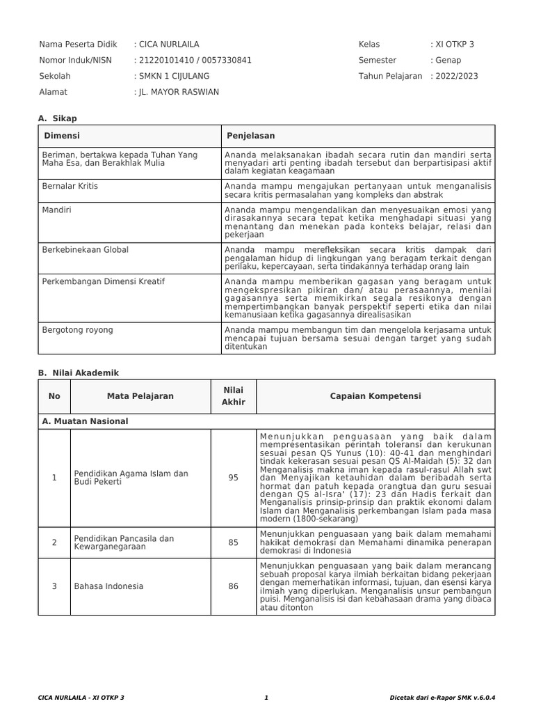 RAPOR CICA NURLAILA - XI OTKP 3 | PDF