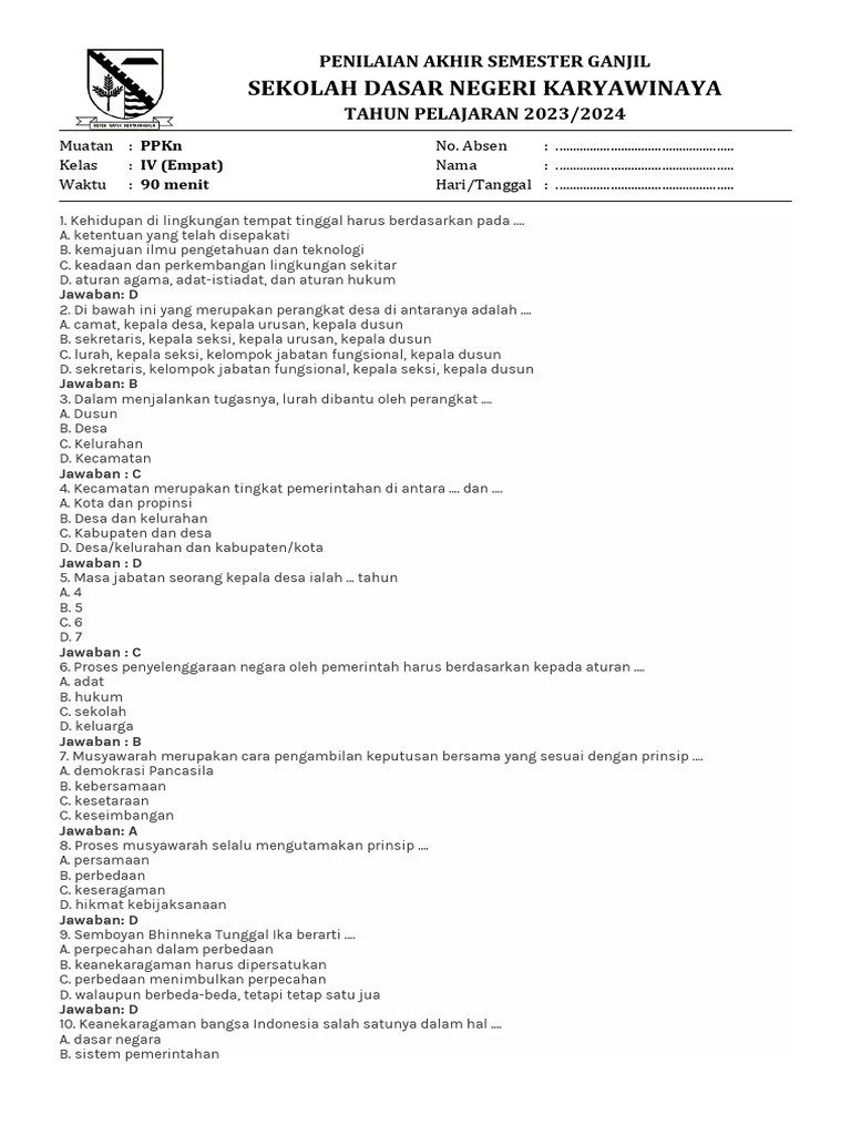 SOAL PAS GANJIL KELAS 4 2023-2024 PPKN | PDF