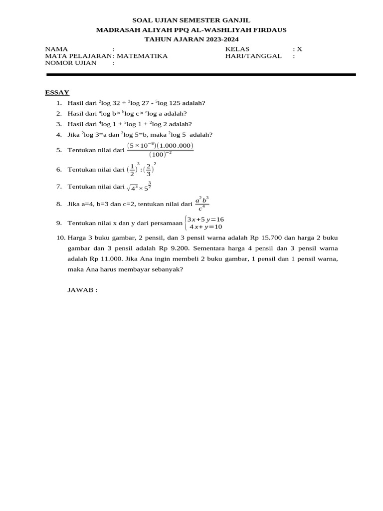 Pas Matematika Sem Ganjil Mas PPQ Aw | PDF