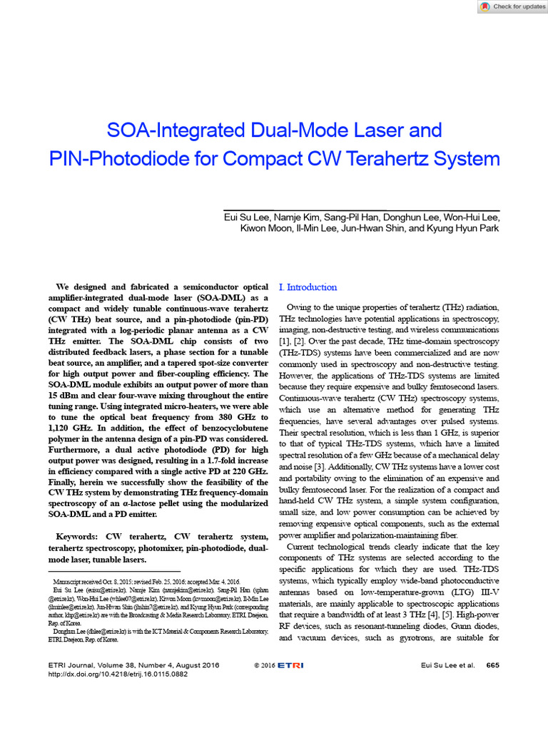ETRI Journal - 2016 - Lee - SOA Integrated Dual Mode Laser and PIN ...
