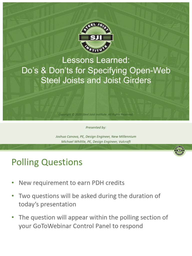 SJI - Lessons Learned Do's and Don'ts For Specifying Open Web Steel Joists and Joist Girders ...