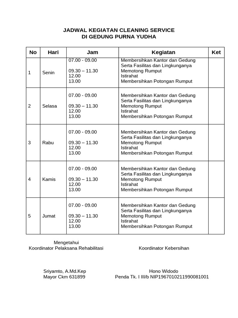 Jadwal Kegiatan Cleaning Service | PDF