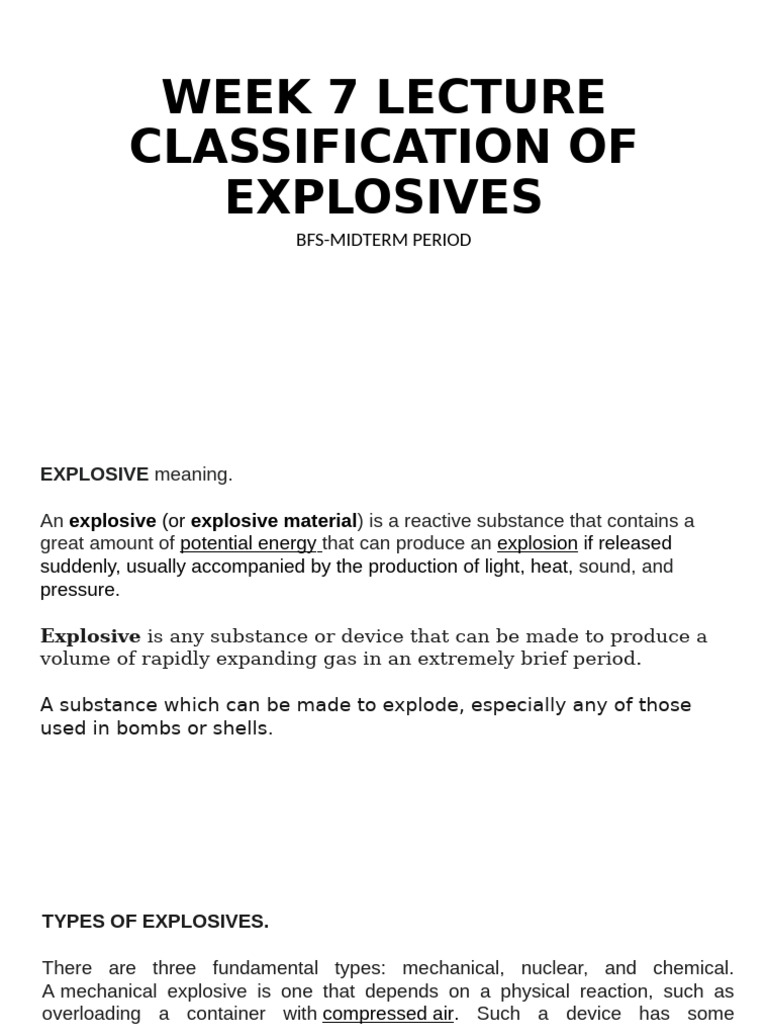 WEEK 7 LECTURE CLASSIFICATION OF EXPLOSIVES | PDF