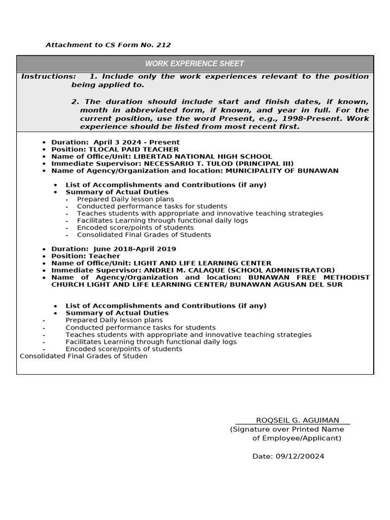WORK-EXPERIENCE-SHEET-SAMPLE | PDF