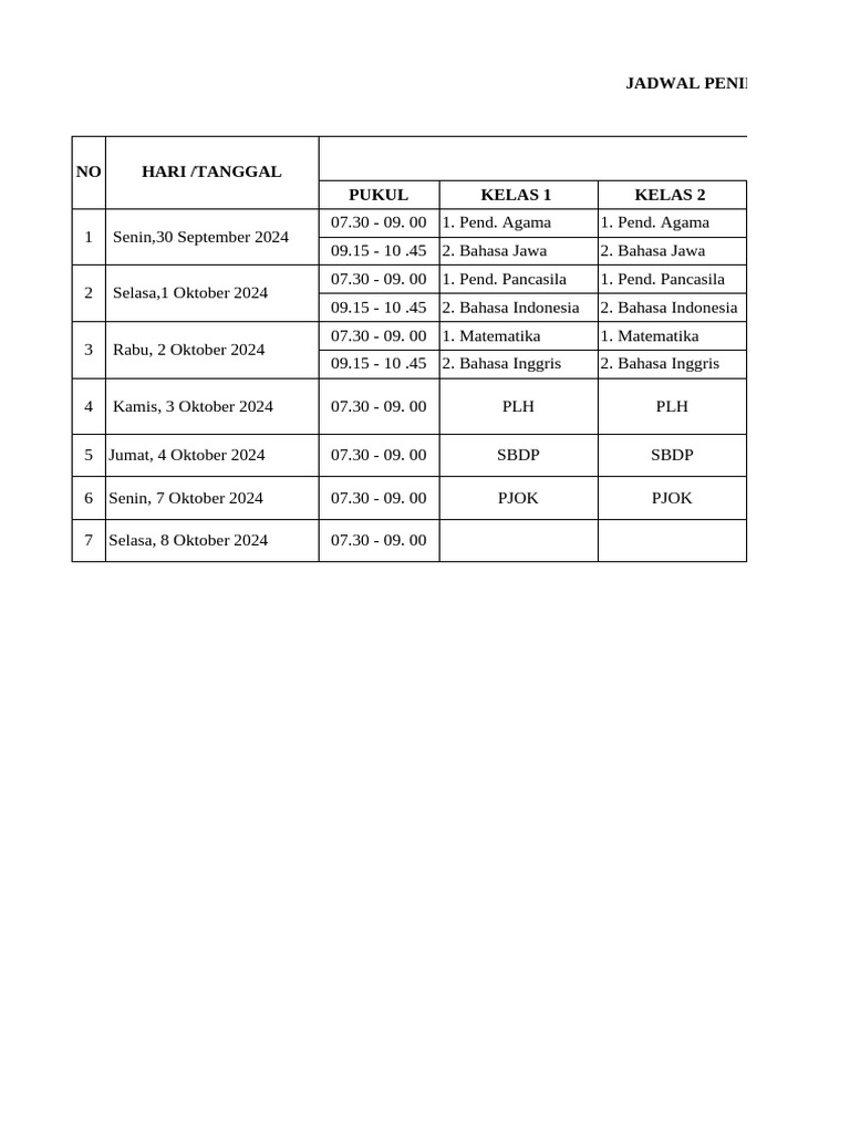 Jadwal PTS 1 2024-2025. | PDF