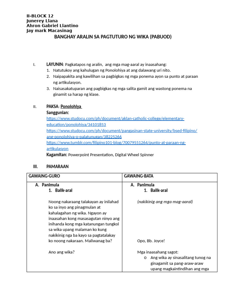 Banghay Aralin Sa Ponolohiya Pabuod | PDF
