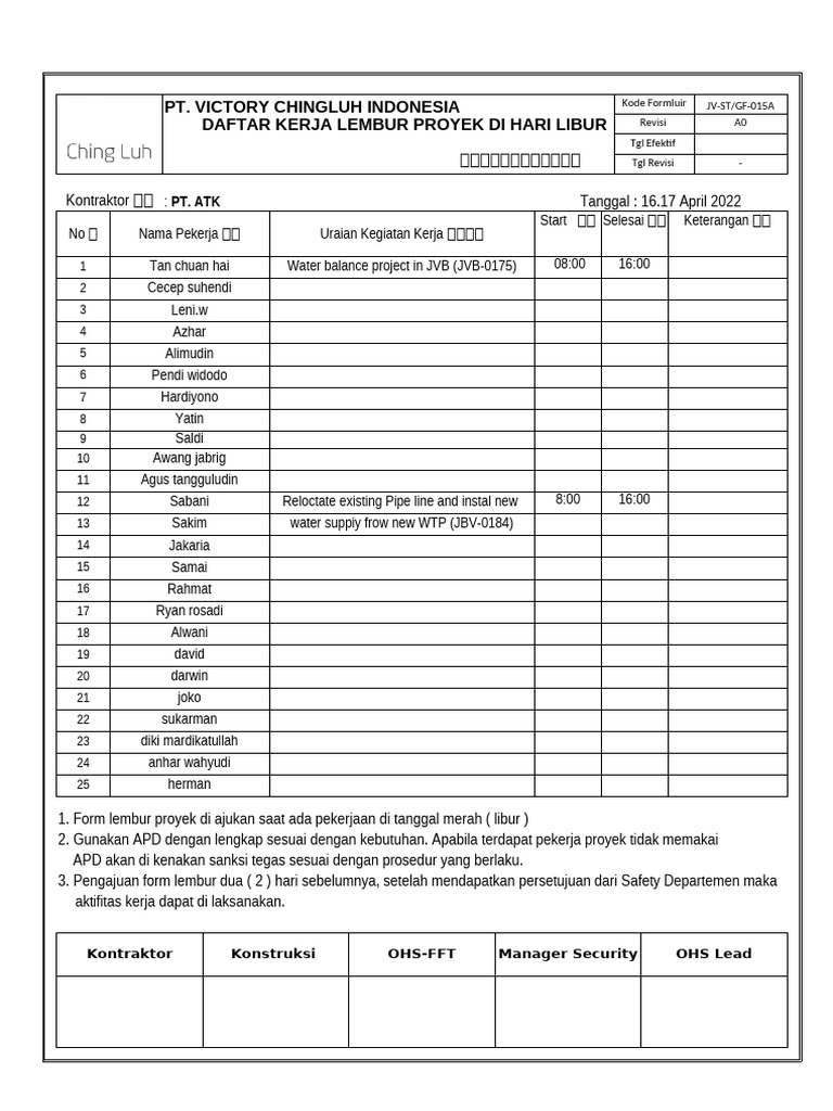 Form Lembur Sabtu Minggu | PDF