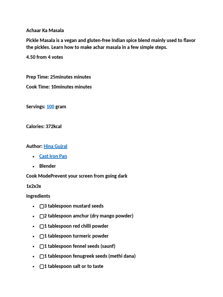 Achar Masala Recipe | PDF