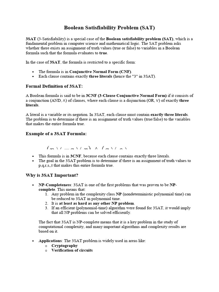 Boolean Satisfiability Problem (SAT) : Formal Definition of 3SAT | PDF