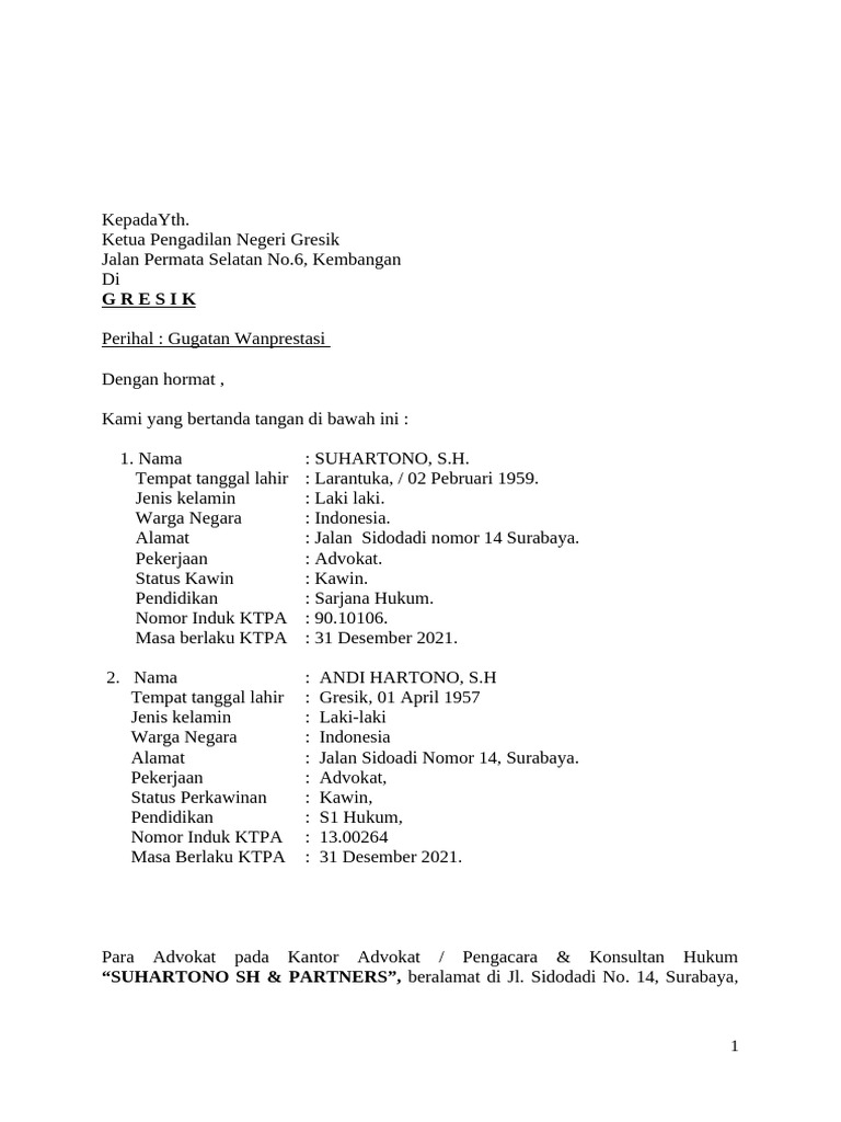 Contoh Gugatan Wanprestasi | PDF