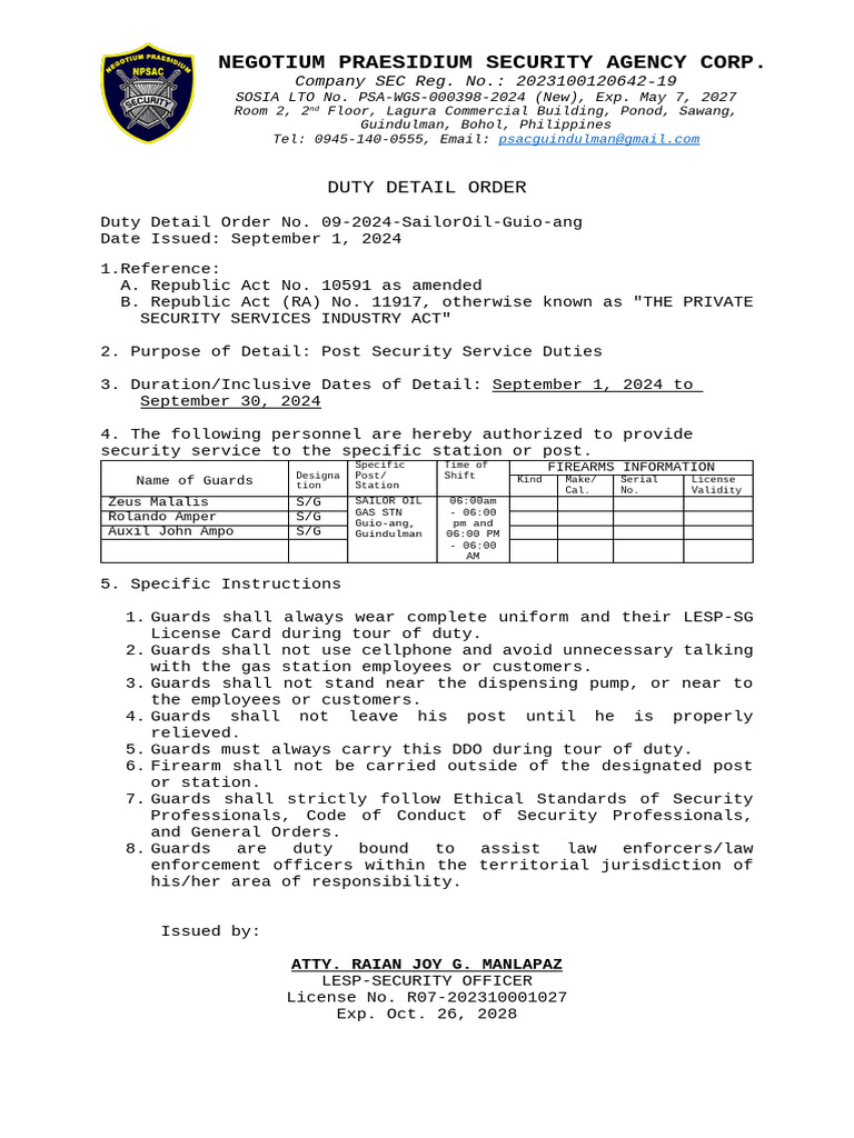 Duty Detail Order - SAILOR OIL GUIO-ANG | PDF