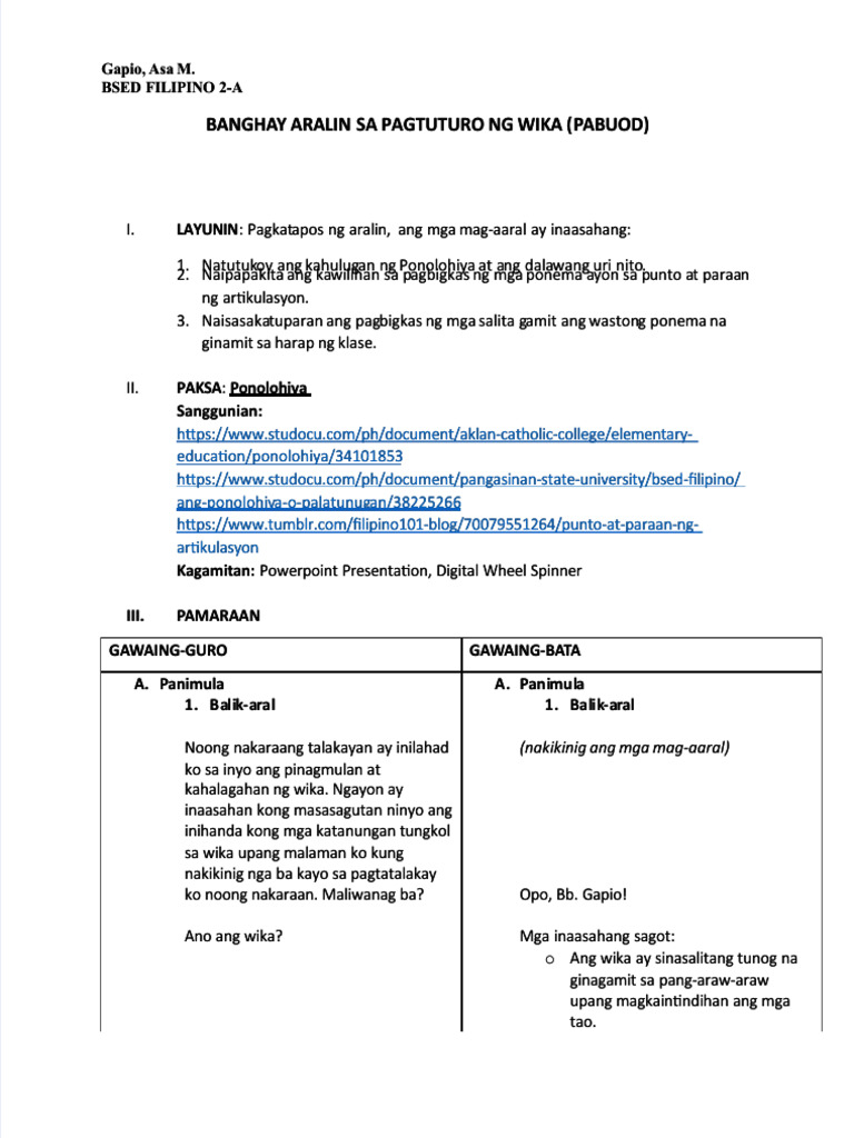 Bangha Banghay Aralin Y Aralin Sa Pagtuturo NG Wika (Sa Pagtuturo NG Wika (P Pabuod) Abuod) | PDF
