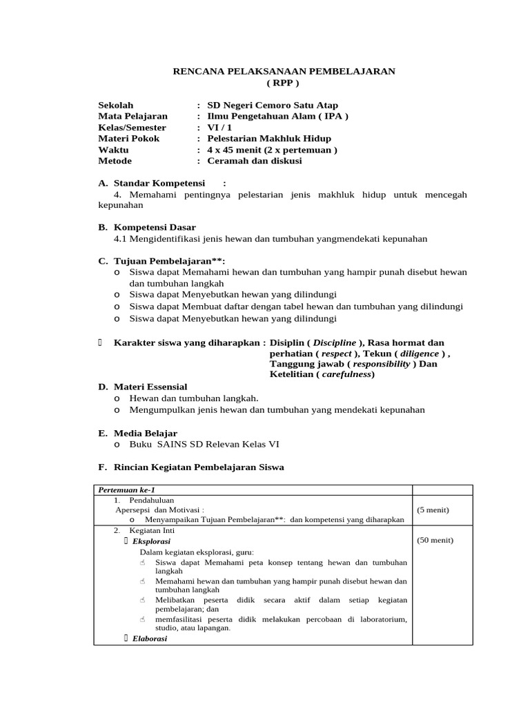 RPP Ipa Tema 4 Pelestarian Makhluk Hidup | PDF