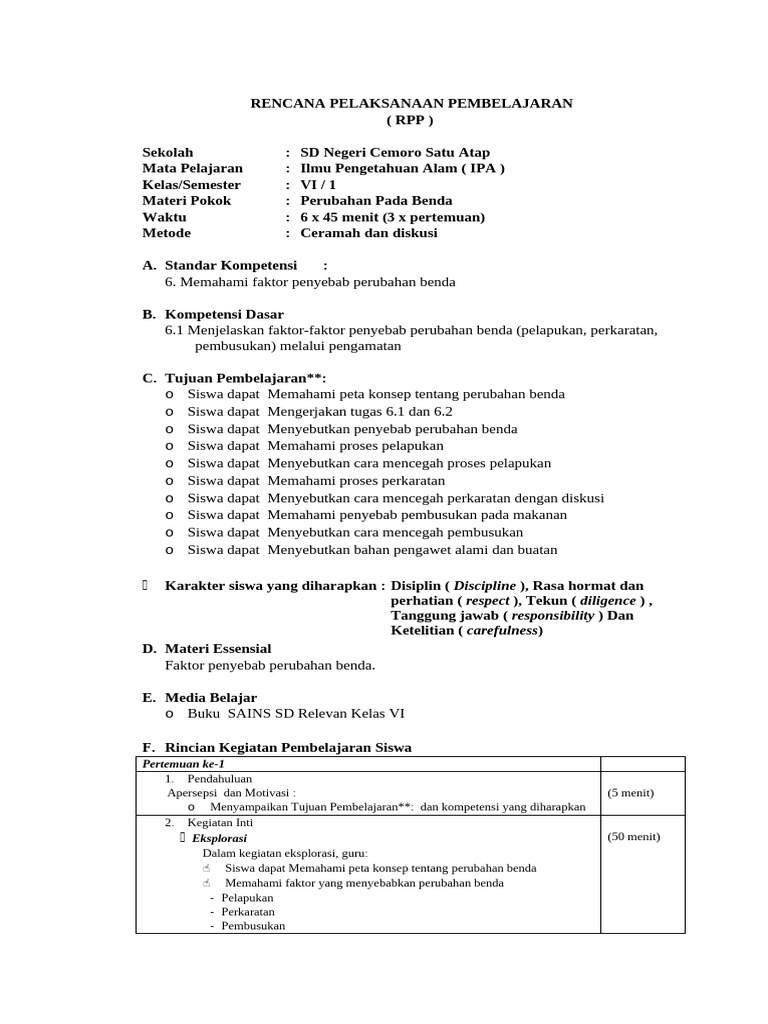 RPP Ipa Tema 6 Perubahan Pada Benda | PDF