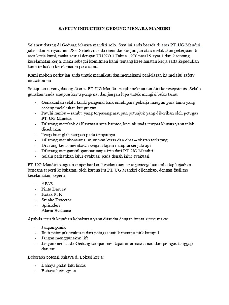 Safety Induction Gedung Menara Mandiri | PDF