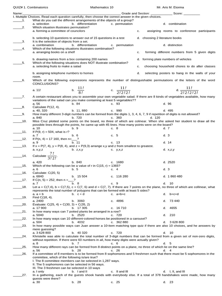 Quiz 1. Combinatorics Quarter 3 | PDF