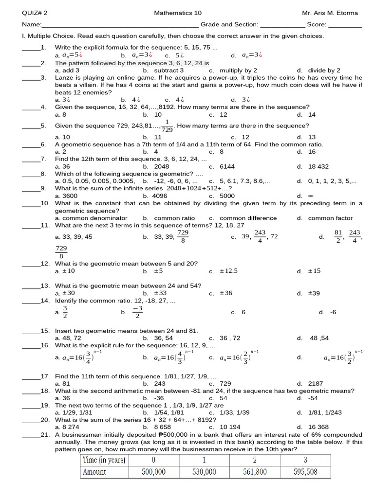Quiz 2. Geometric Sequence & Series | PDF