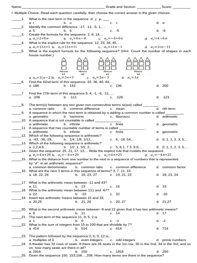 Quiz 1. Arithmetic Sequence & Series | PDF
