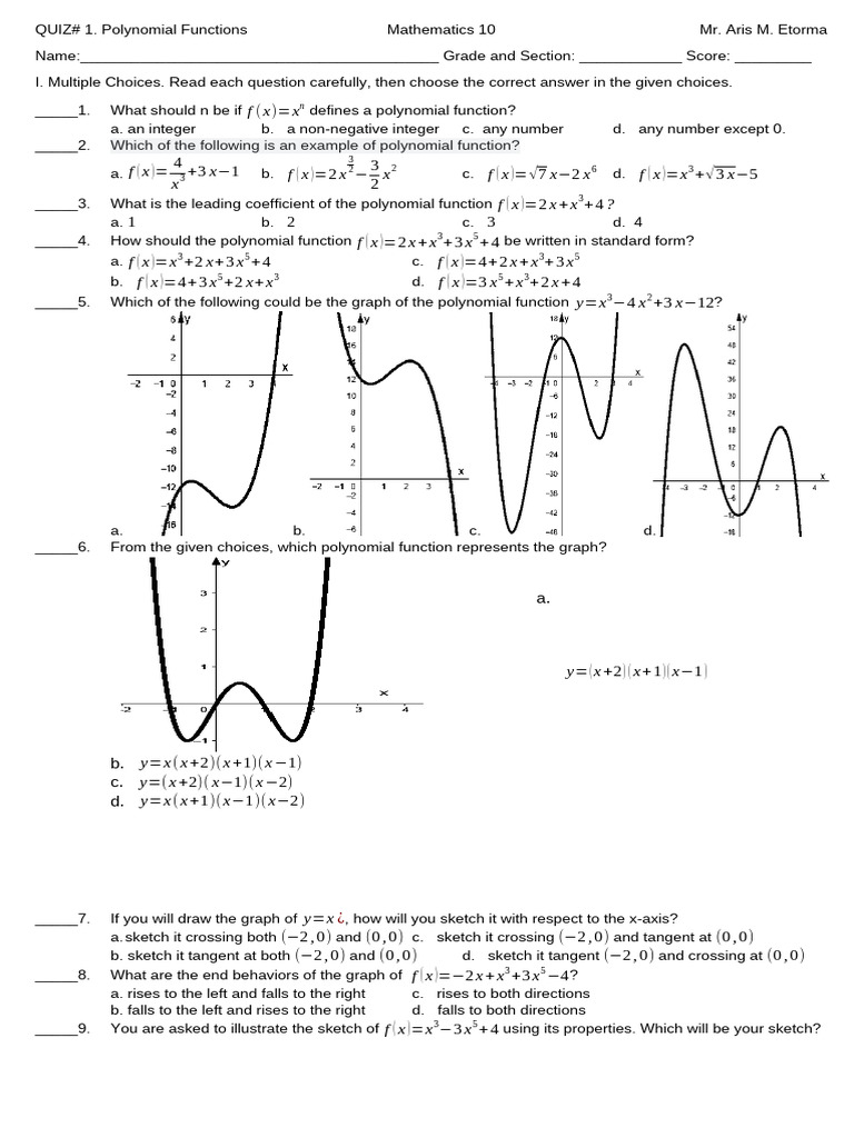 Quiz 1. Polynomial Functions Quarter 2 | PDF