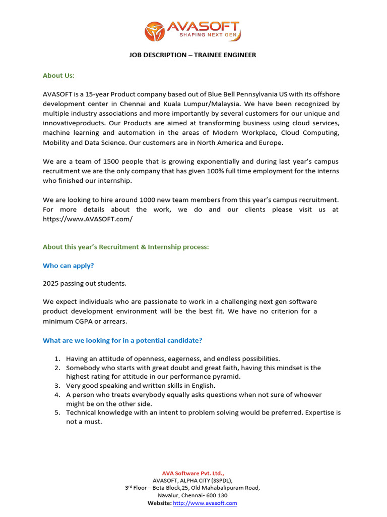 JD - Trainee Engineer - 2025 | PDF