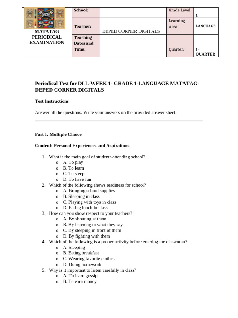 PT-WEEK 1-LANGUAGE -DEPED CORNER DIGITALS | PDF