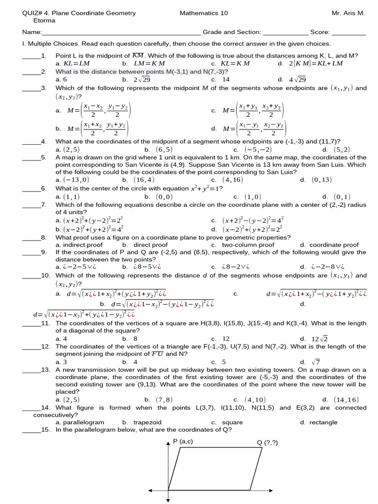 Quiz 4. Plane Coordinate Geometry Quarter 2 | PDF