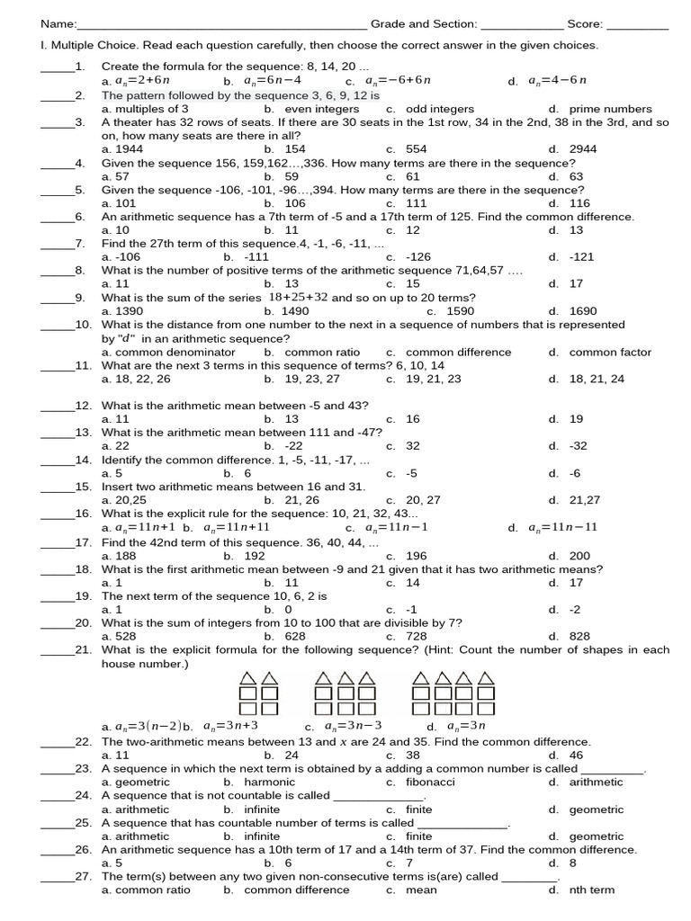 Quiz 1. Arithmetic Sequence & Series - Second Variation | PDF