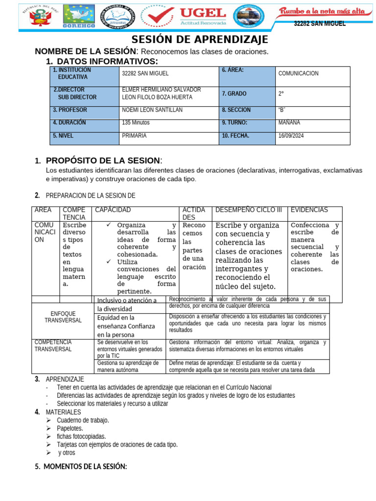 Sesion de Aprendizaje Clases de Oraciones | PDF