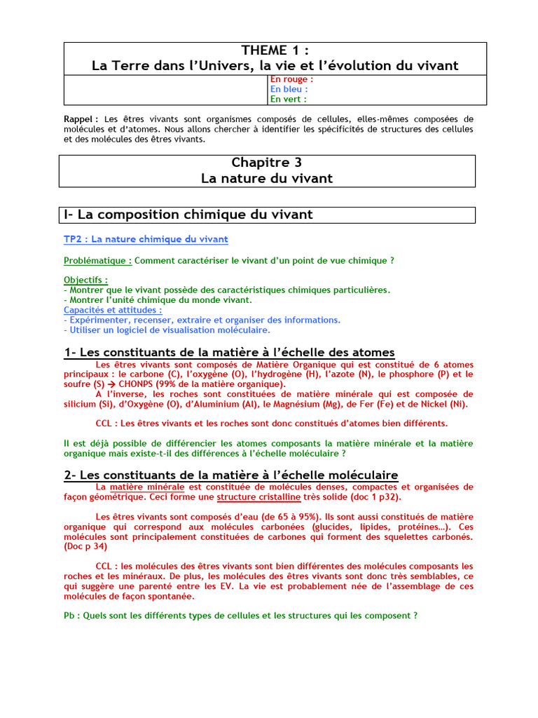 THEME 1 Chapitre 3 Vivant Eleves | PDF