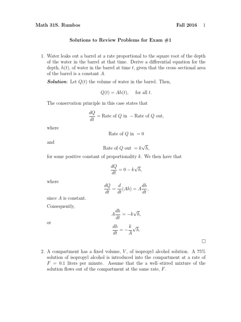Math 31 SFall 2016 Exam 1 Review Problems Solutions | PDF
